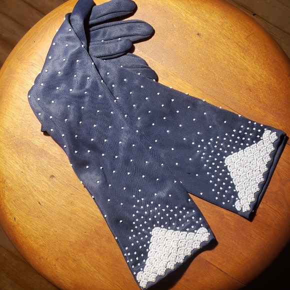 Vintage | Accessories | Vintage Long Ladies Navy Gloves W White Beading ...